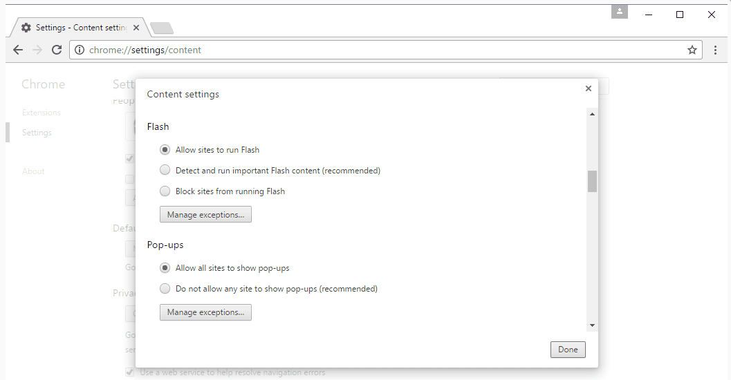Crome 55 settings that will allow Flash Player